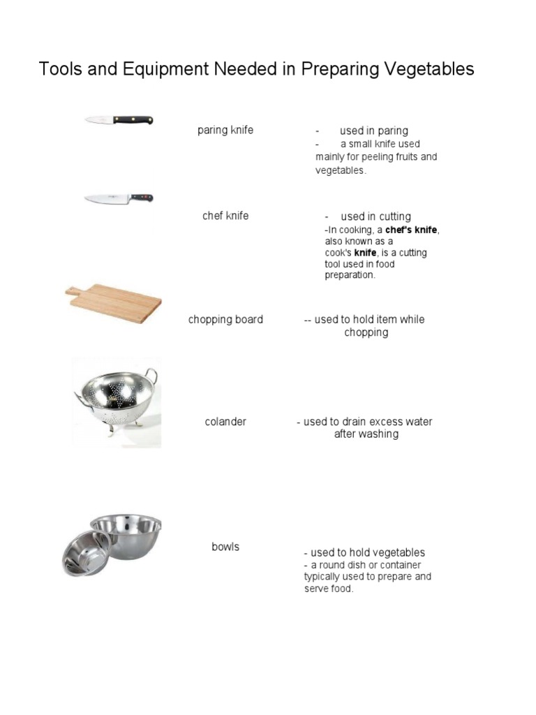 Tools and Equipment Needed in Preparing Vegetables | PDF