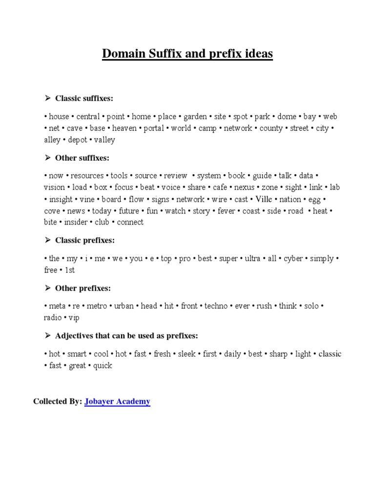 Domain Suffix and Prefix Ideas: Jobayer Academy | PDF