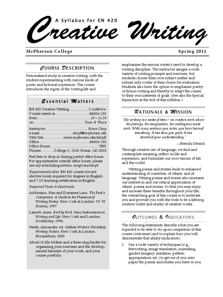 Syllabus: EN420 Creative Writing | PDF | Negotiation | Poetry