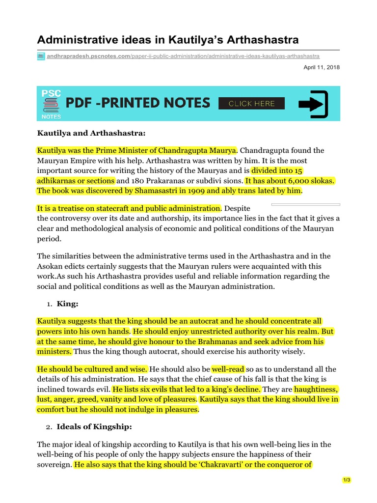 Administrative Ideas in Kautilya's Arthashastra | PDF