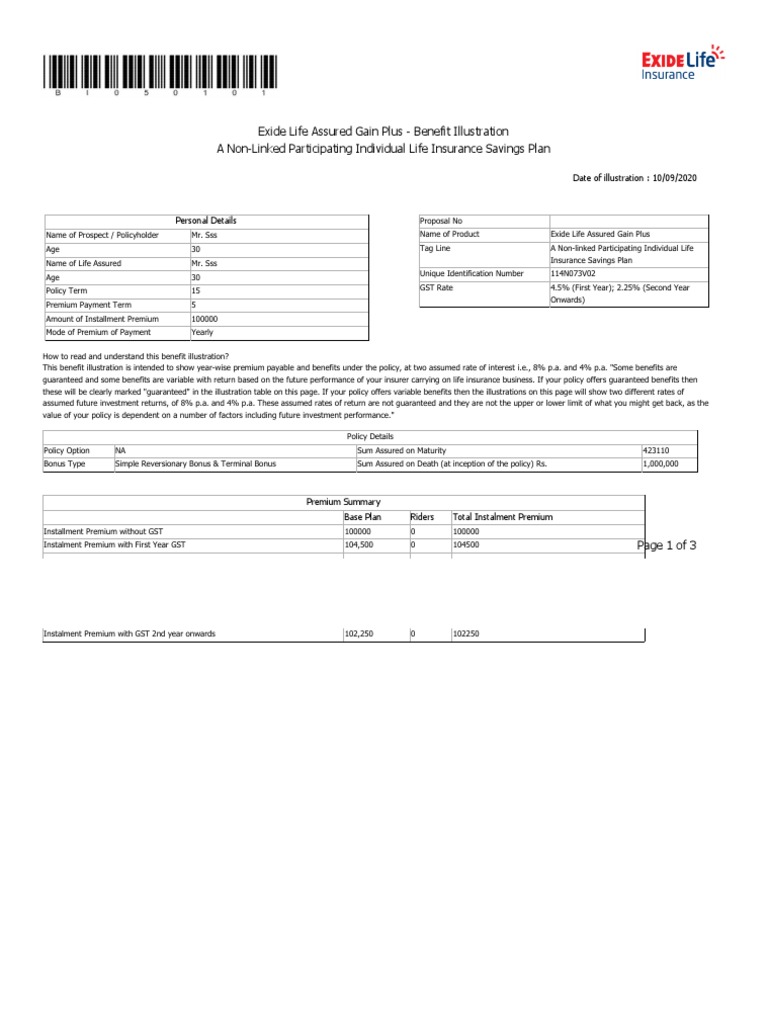 Exide Life Assured Gain Plus1599746714499 PDF | PDF | Life Insurance ...