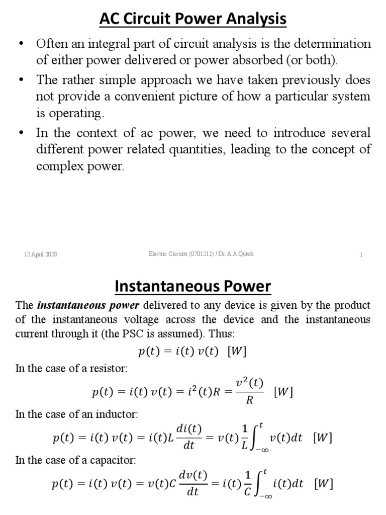 AC Circuit Power Analysis: 1 Electric Circuits (0701212) / Dr. A.A.Qutob 12 April 2020 | PDF ...