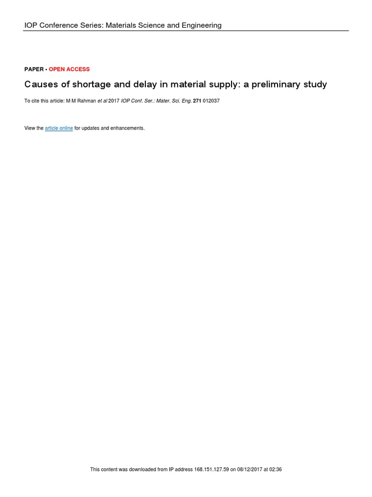Causes of Shortage and Delay in Material Supply: A Preliminary Study ...