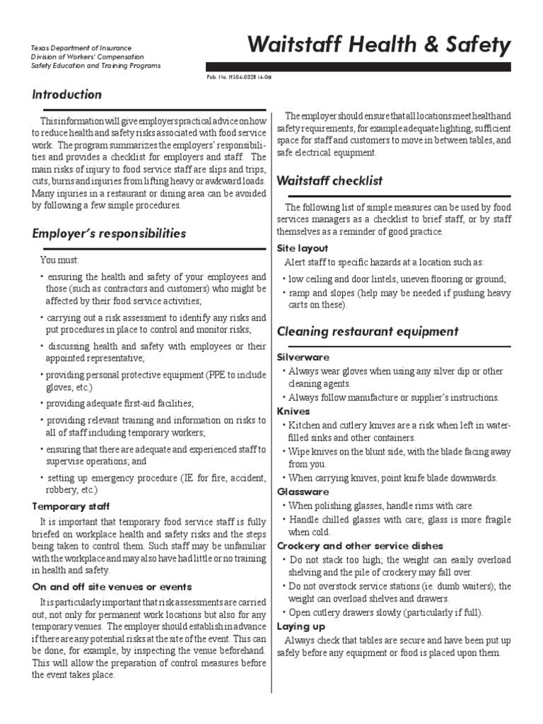 Wait Staff Safety | PDF | Tableware | Personal Protective Equipment