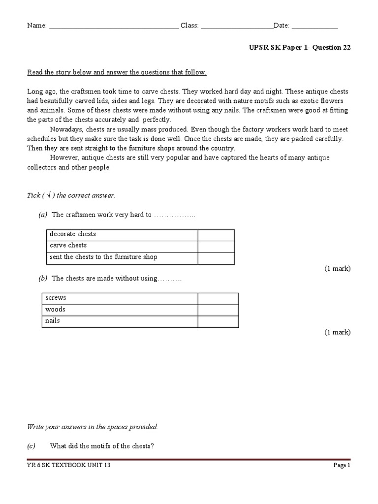 Tick ( ) The Correct Answer. (A) The Craftsmen Work Very Hard To ...