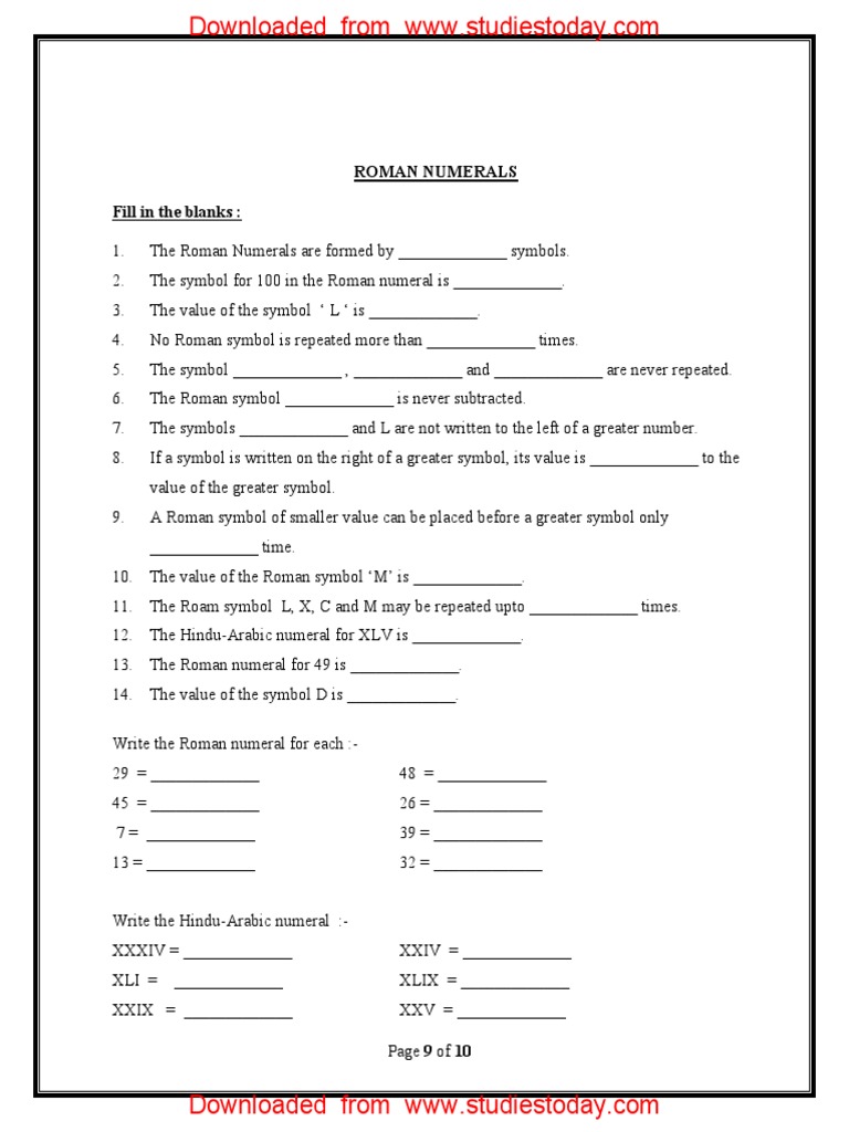 CBSE Class 4 Maths Revision Worksheet (129) - Roman Numerals | PDF