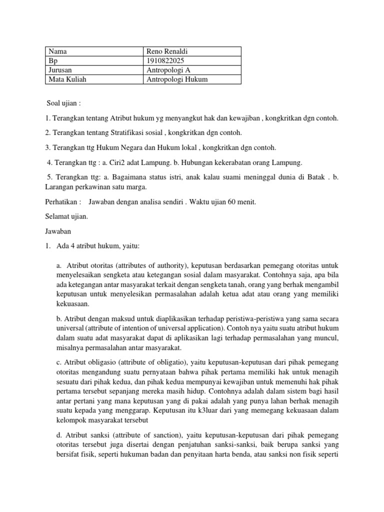 Ujian Antrop Hukum Reno Renaldi (1910822025) Antrop A | PDF