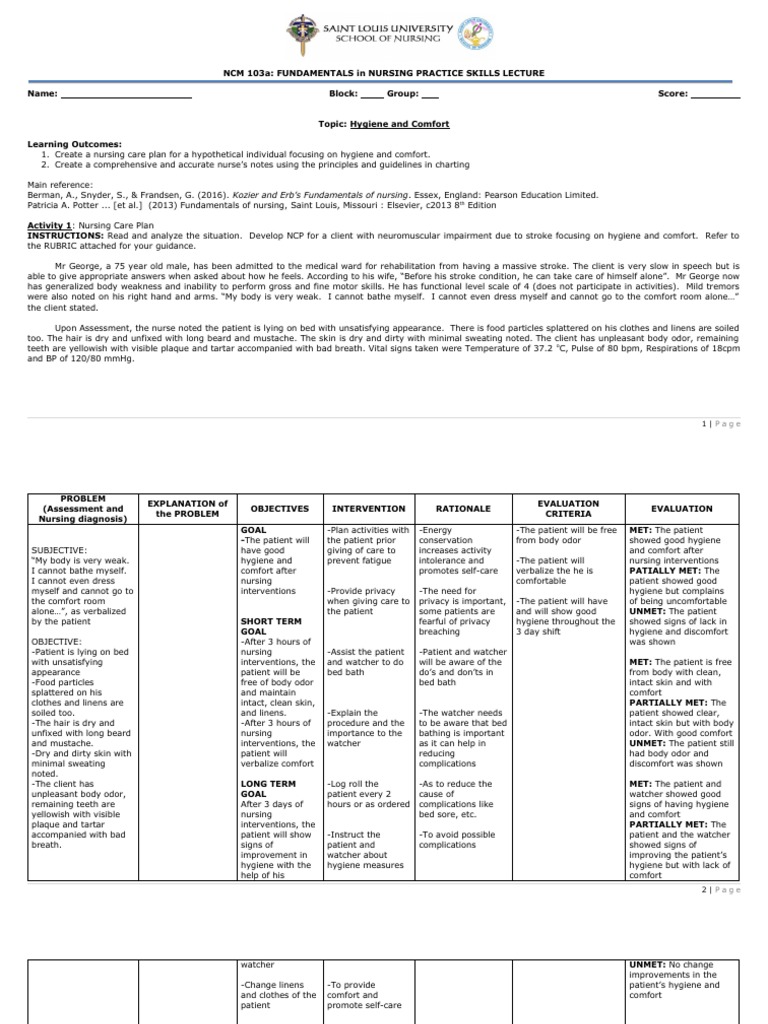 Nursing Care Plan: Hygiene & Comfort Skills | PDF | Hygiene | Patient