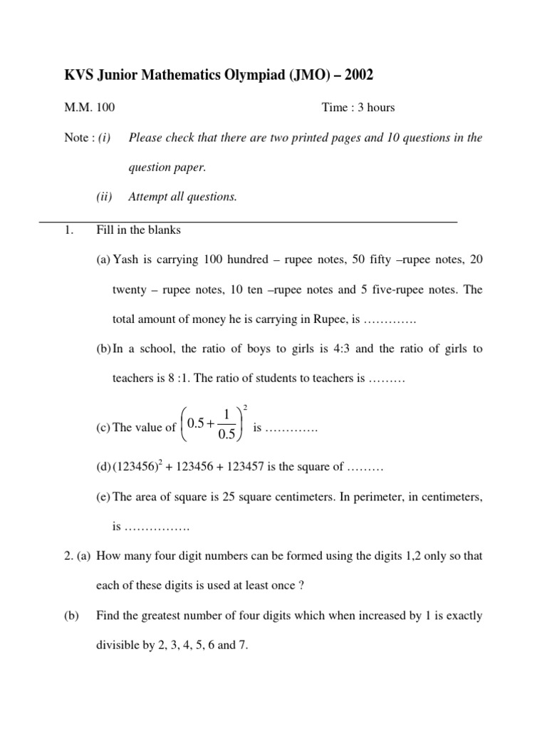 (WWW - Entrance-Exam - Net) - KVS Junior Mathematics Olympiad (JMO ...