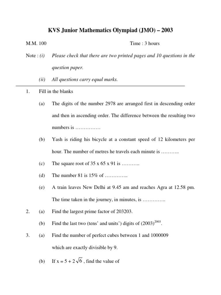 (WWW - Entrance-Exam - Net) - KVS Junior Mathematics Olympiad (JMO) Sample Paper 7 PDF | PDF ...