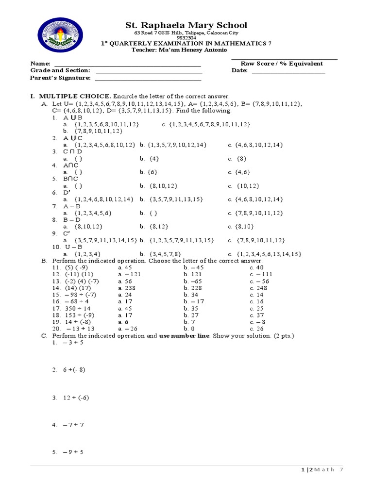 St. Raphaela Mary School: 1 Quarterly Examination in Mathematics 7 ...