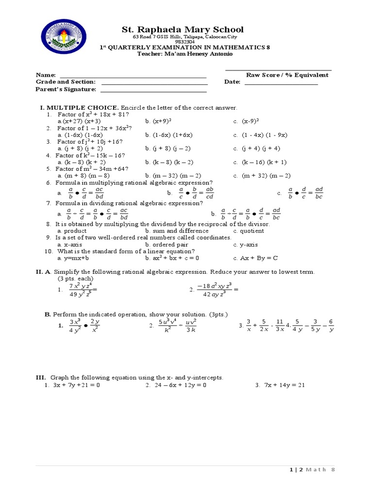Math 1st QE. G8 | PDF | Cartesian Coordinate System | Geometry