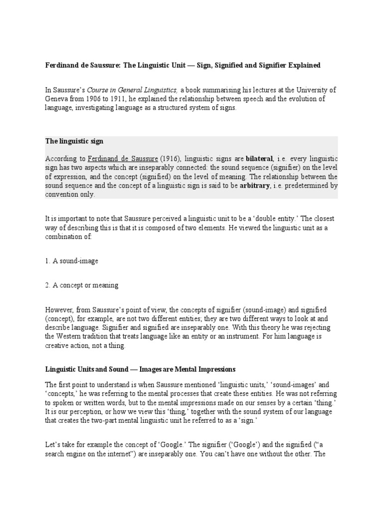 Ferdinand de Saussure: The Linguistic Unit - Sign, Signified and ...