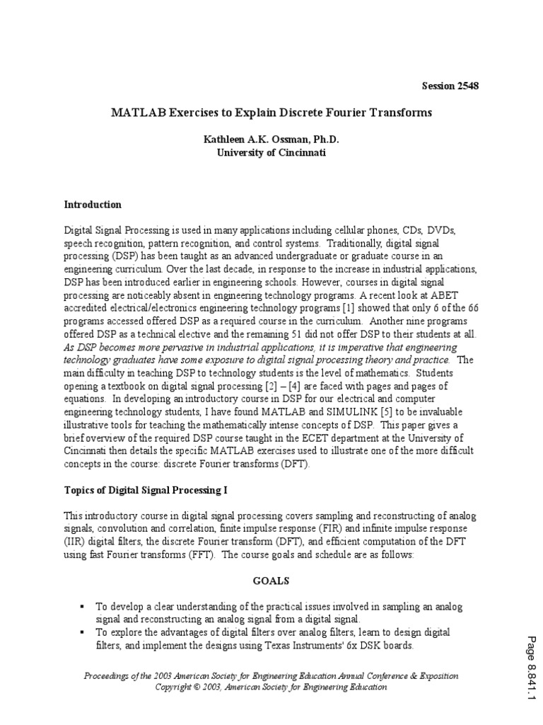 Matlab Exercises To Explain Discrete Fourier Transforms PDF | PDF | Digital Signal Processing ...