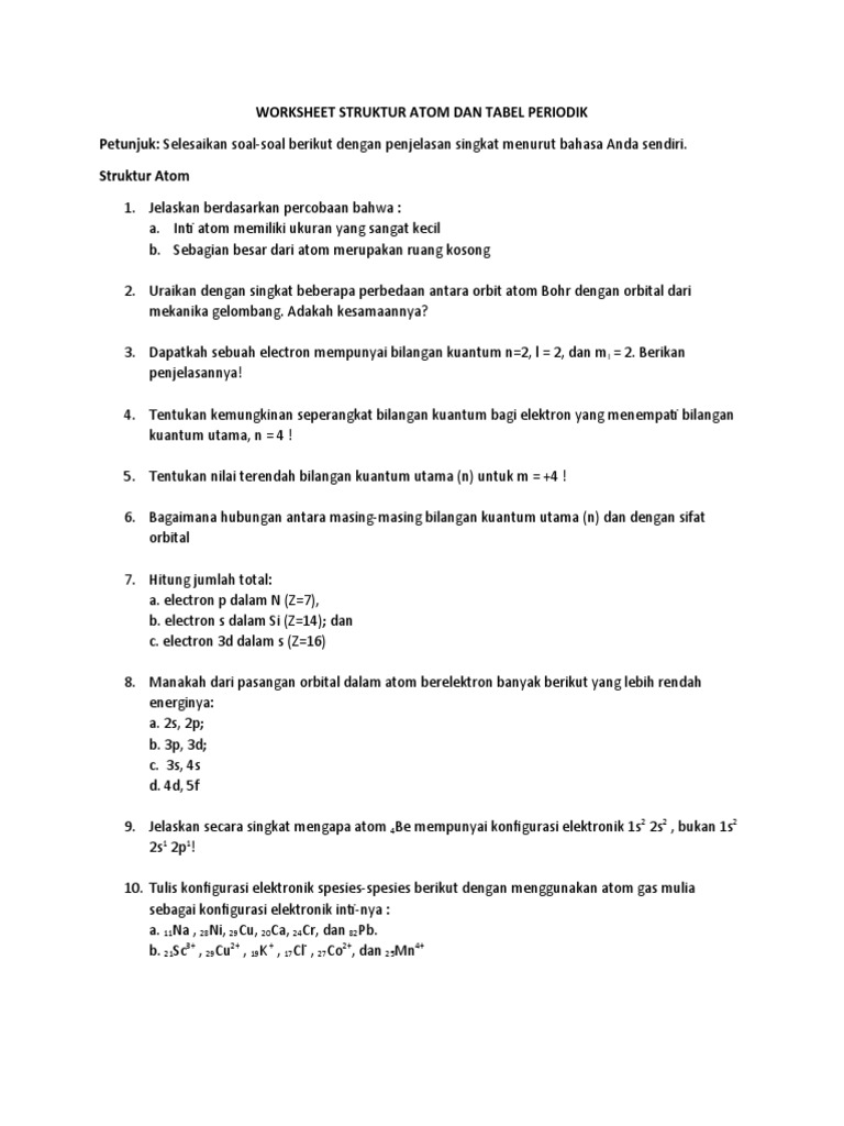 WORKSHEET - Struktur Atom Dan Sistem Periodik | PDF | Metode & Bahan Ajar