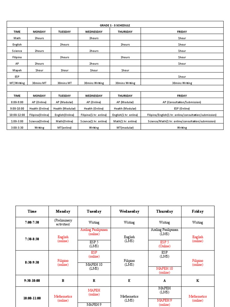 Grade 1 - 3 Schedule Time Monday Tuesday Wednesday Thursday Friday ...