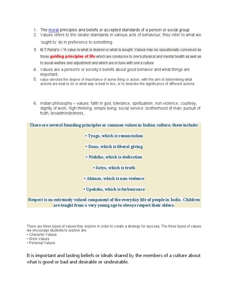 The Principles and Beliefs or Accepted Standards of A Person or Social ...