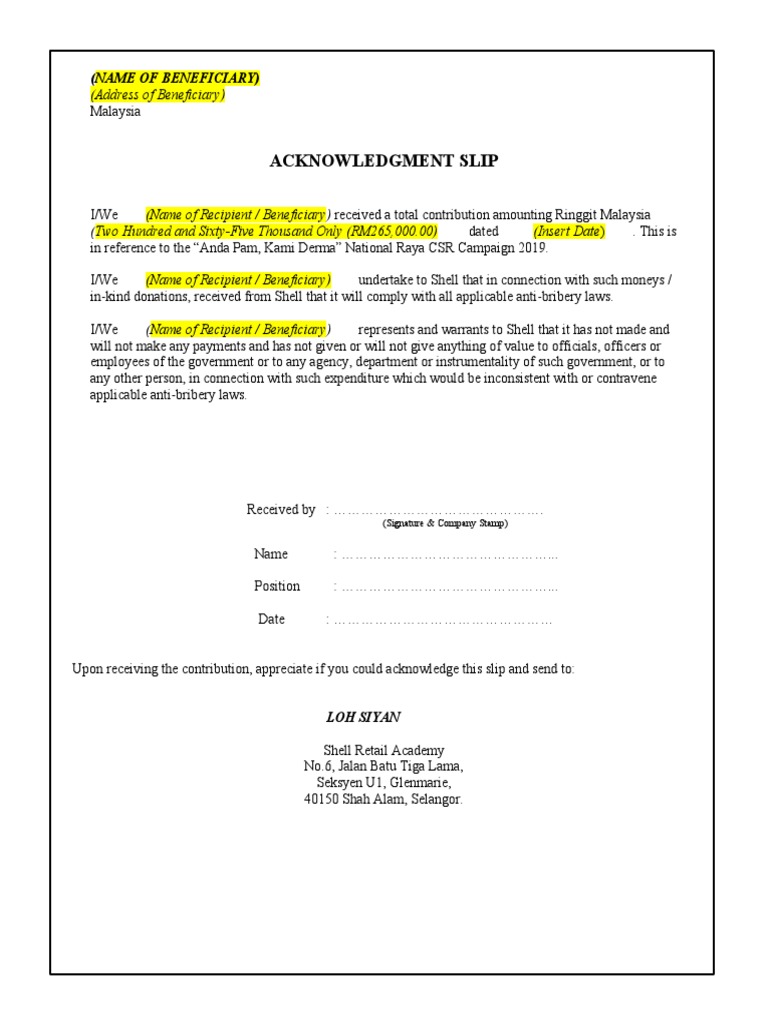 Donation Sponsorship Acknowledgement Slip | PDF