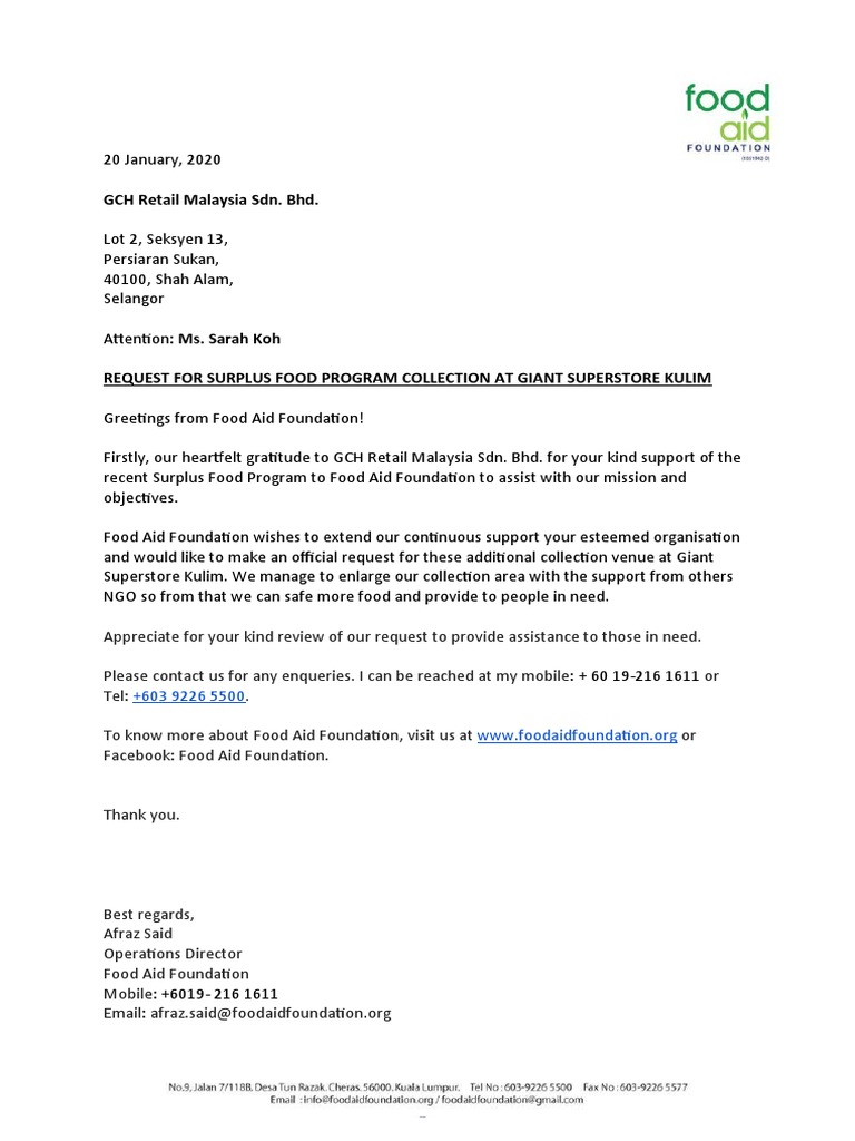 Request Letter For GCH Retail Malaysia SDN BHD - FAF | PDF