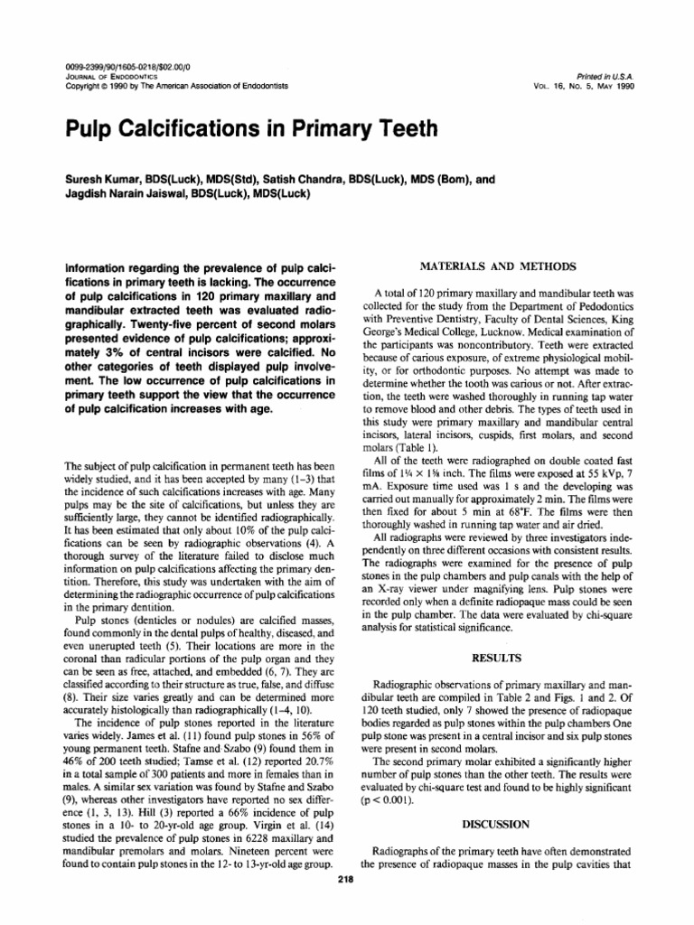 Pulp Calcifications in Primary Teeth | PDF | Tooth | Human Tooth