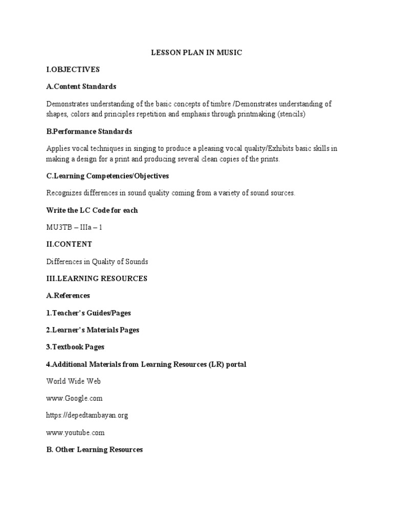 Lesson Plan in Music | PDF