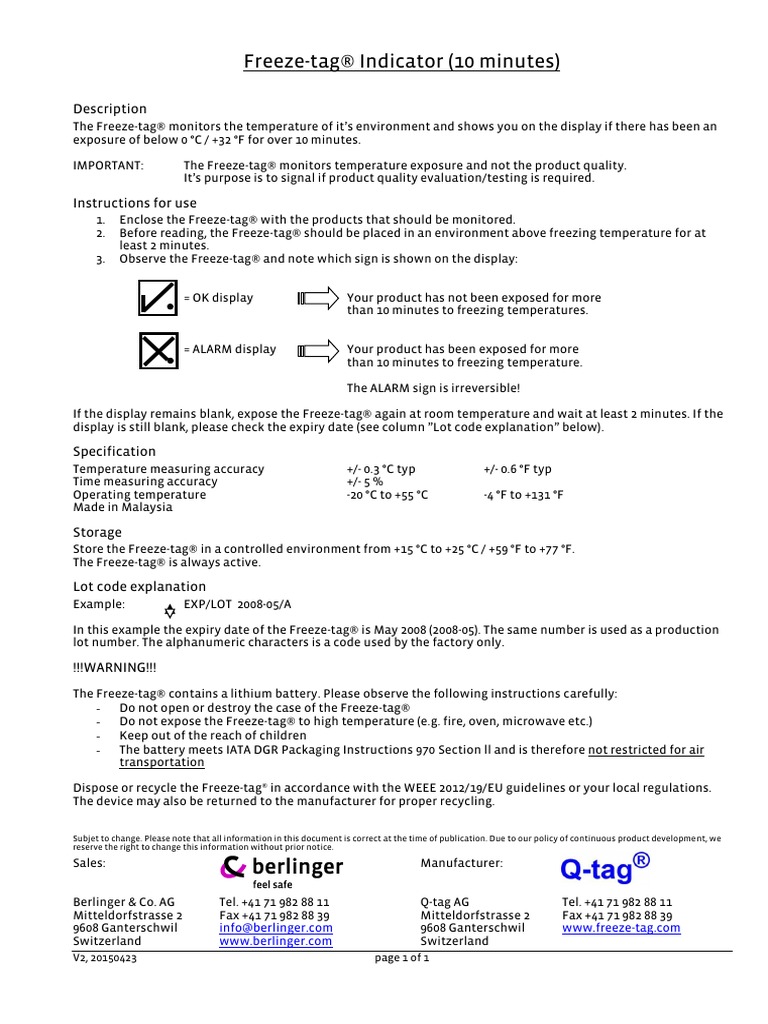 Freeze-Tag® Indicator (10 Minutes) : Description | PDF | Temperature