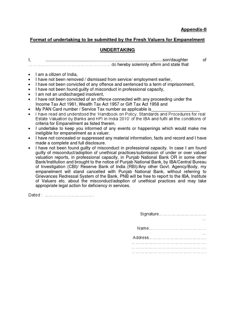 Format of Undertaking for Fresh Valuers Seeking Empanelment | PDF ...