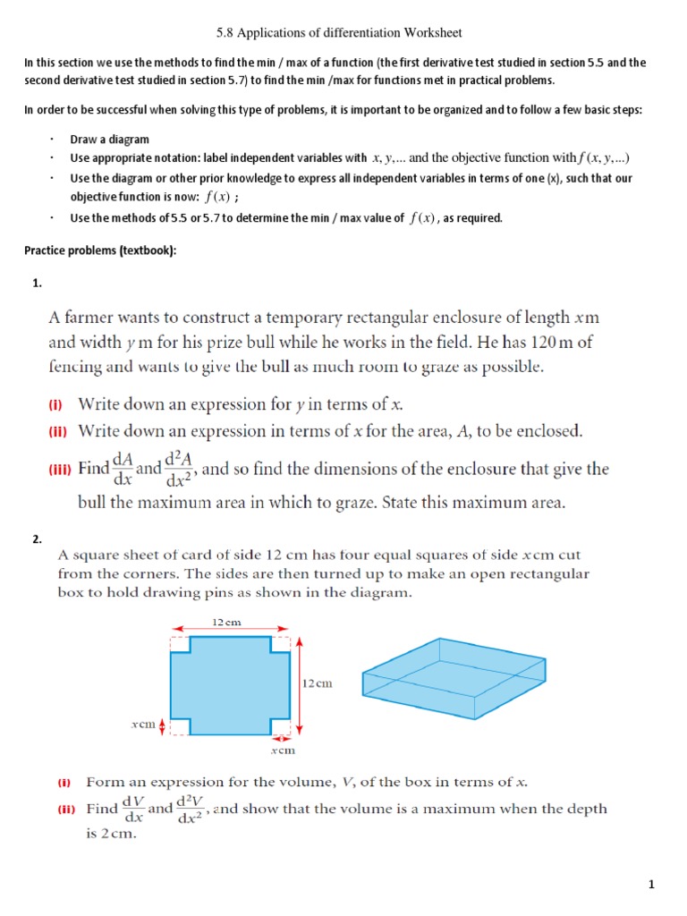 Xy Fxy: 5.8 Applications of Differentiation Worksheet | PDF