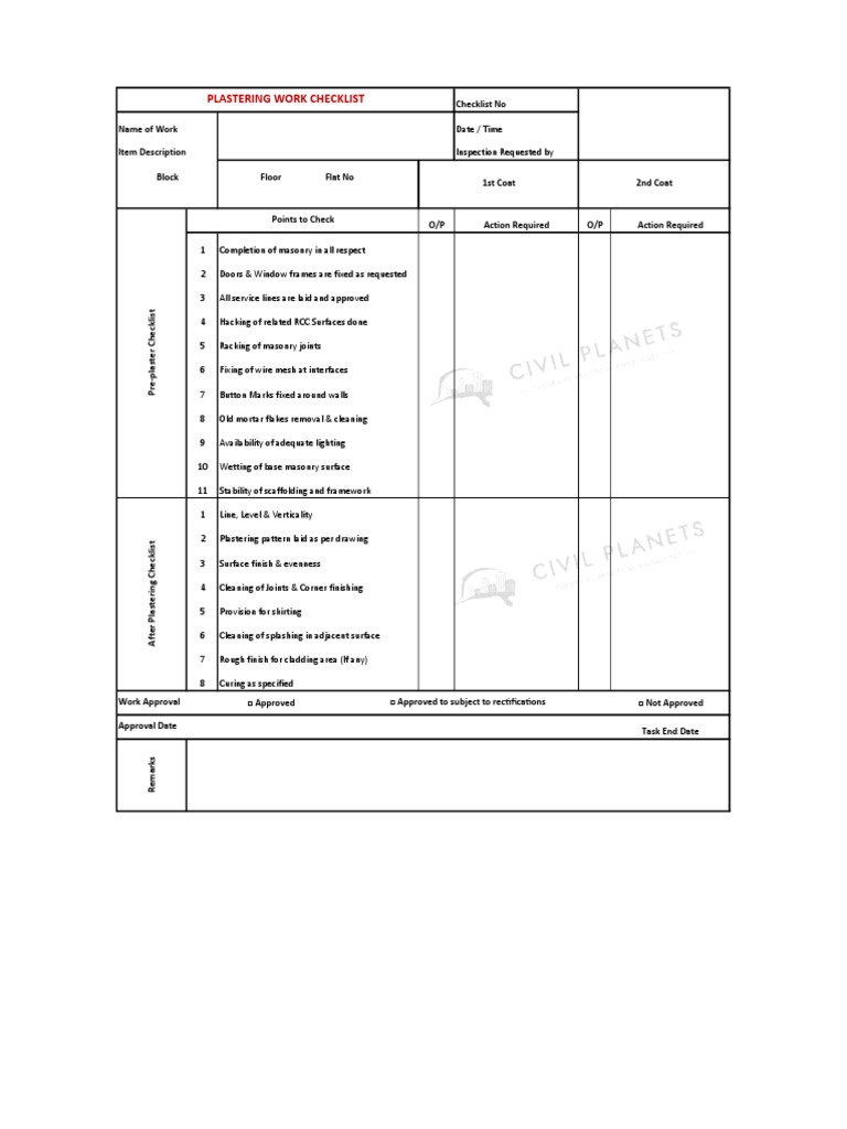 Plastering Work Checklist | PDF | Masonry | Plaster