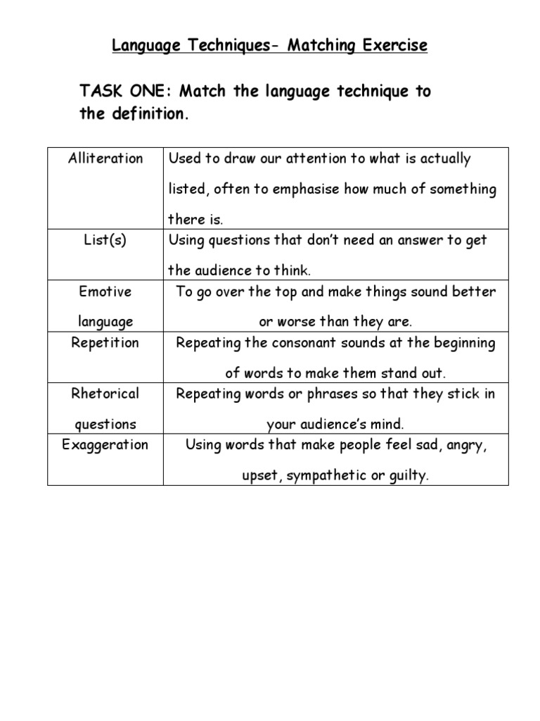 S2 Close Reading Language Techniques Match Up Activity | PDF | Language ...