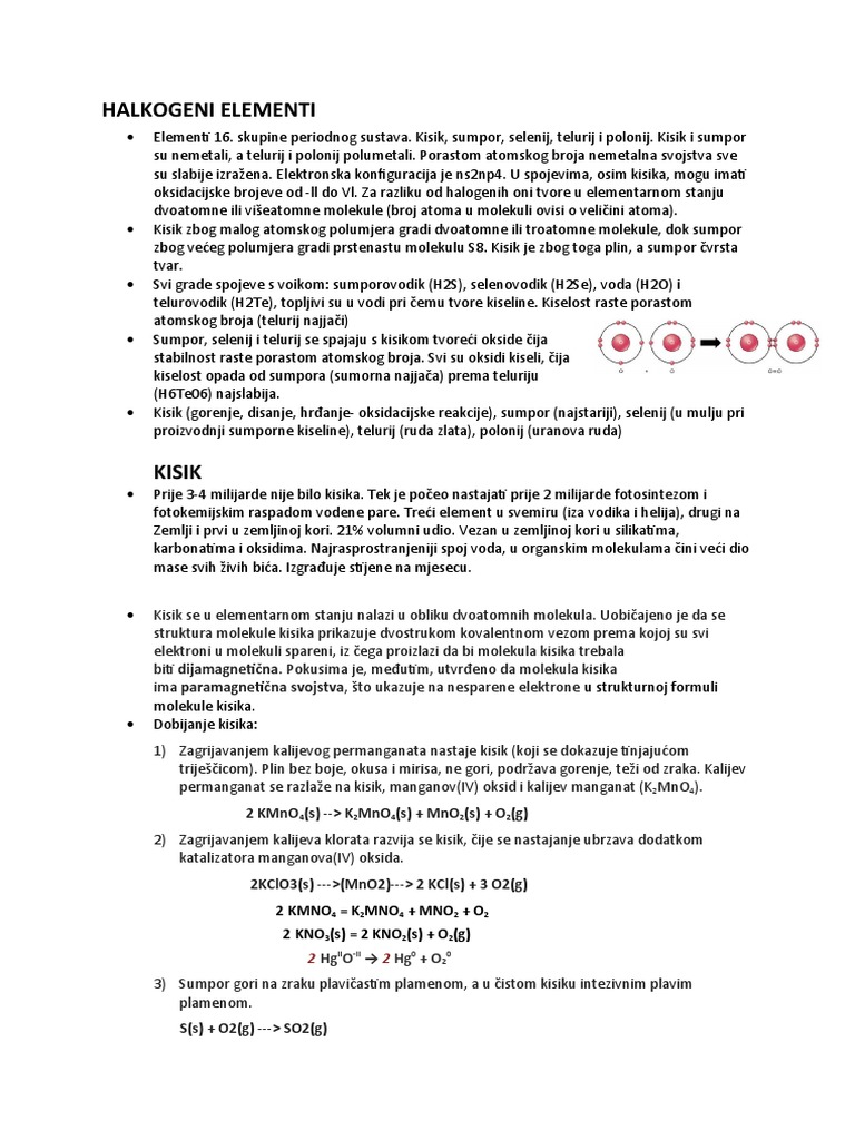Halkogeni Elementi - Skripta, 4. Razred Srednje Škole | PDF