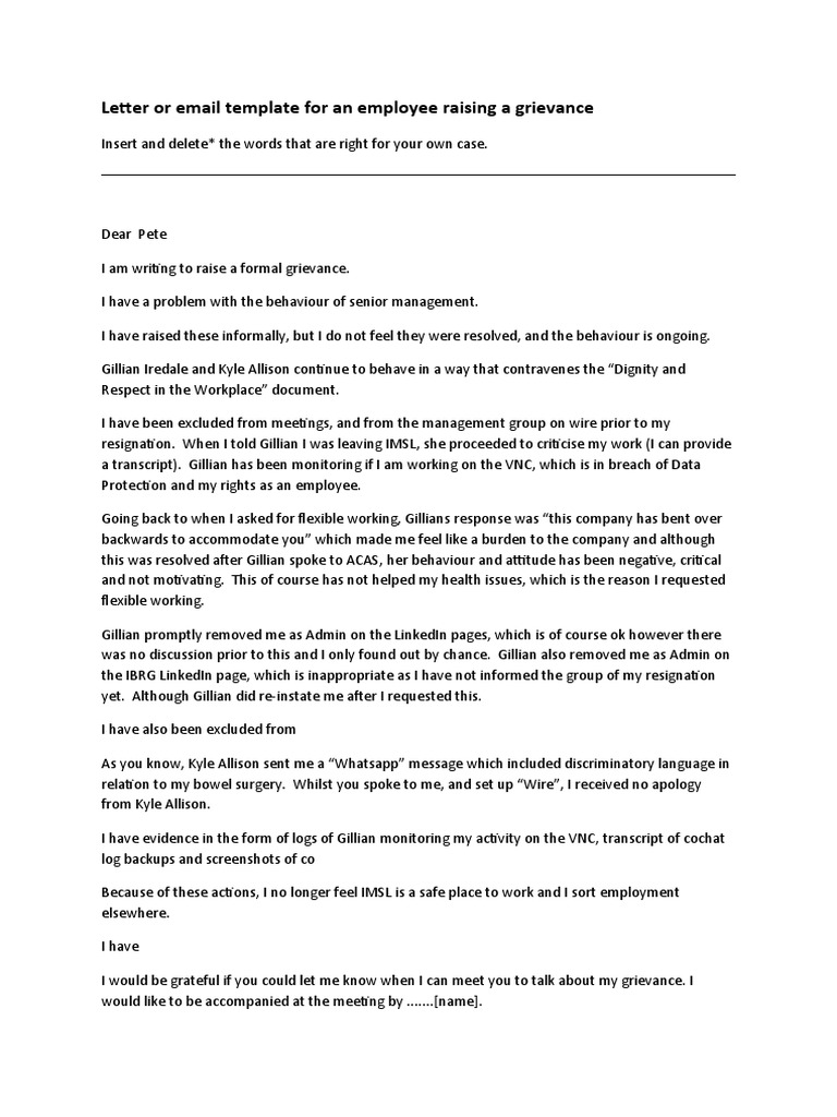 Letter or Email Template For An Employee Raising A Grievance | PDF