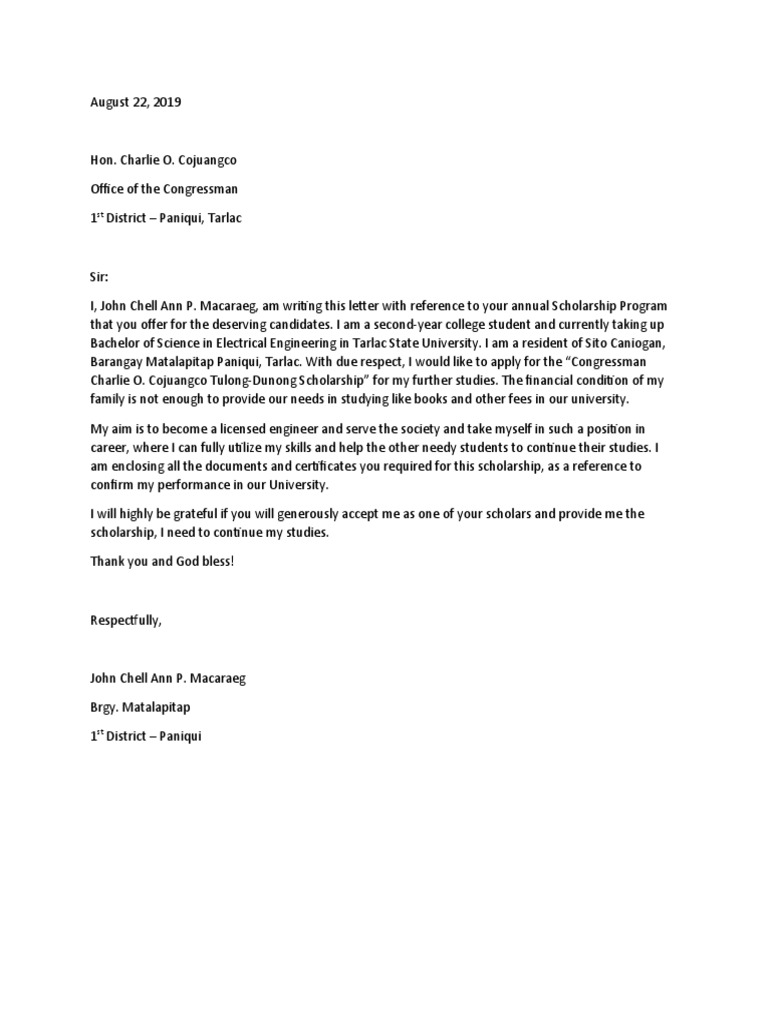 Scholarship Application Letter | PDF | Inquiry | Educational Stages