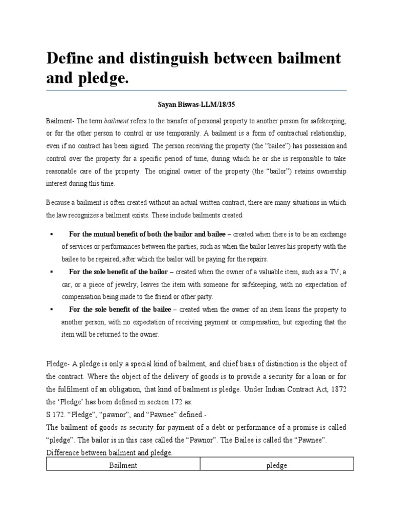 Bailment vs. Pledge Explained | PDF | Property | Private Law