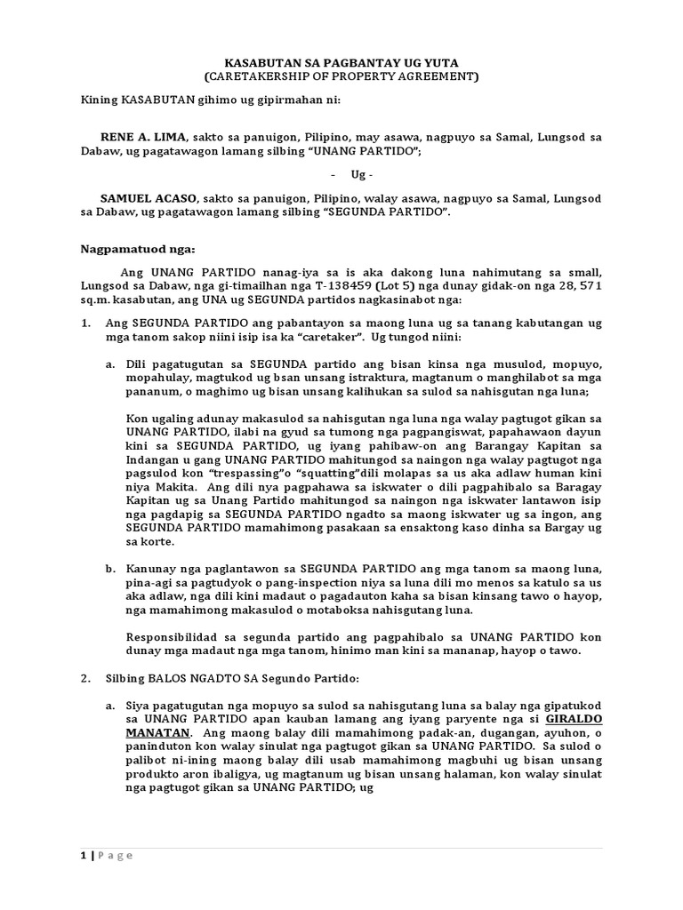 Kasabutan Sa Pagbantay Ug Yuta | PDF