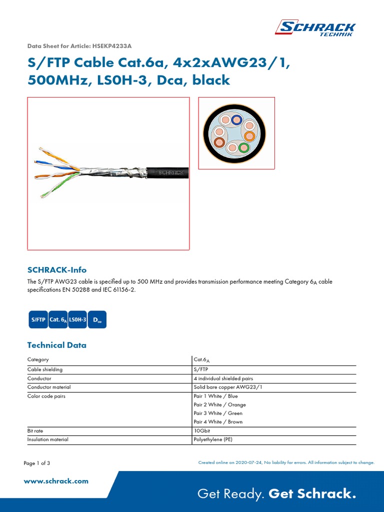 S/FTP Cable Cat.6A, 4X2Xawg23/1, 500Mhz, Ls0H-3, Dca, Black: Get Ready ...