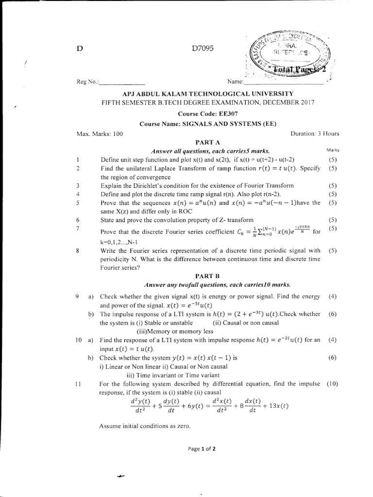 Signals and System Dec 2017 Question Paper KTU | PDF