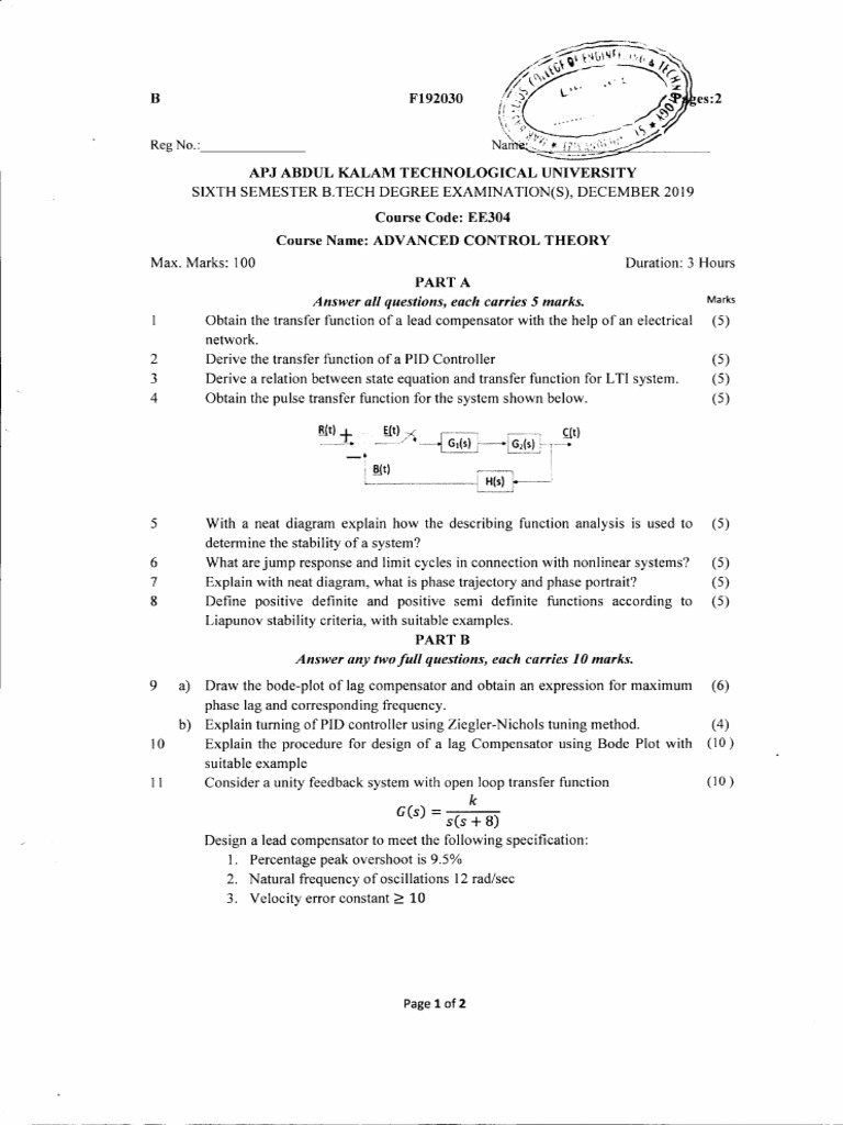 KTU s6 Advanced Control Theory Dec 2019 | PDF