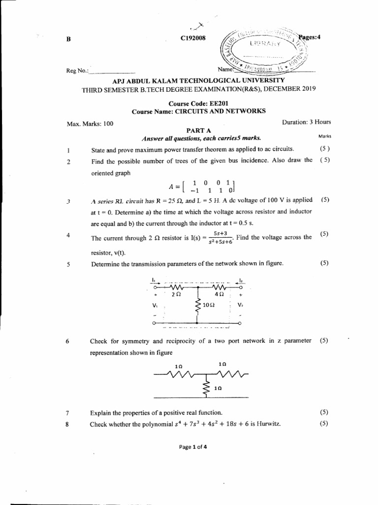 KTU s3 Circuits and Networks Dec 2019 | PDF