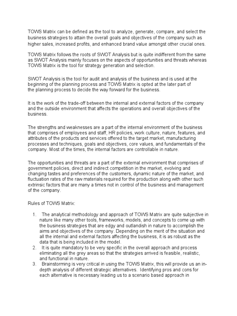 TOWS Matrix for Strategic Planning | PDF | Swot Analysis | Strategic ...