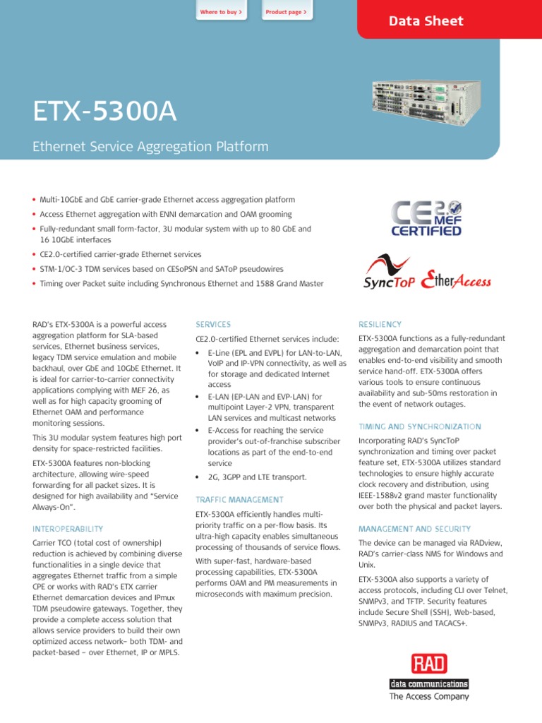 ETX-5300A: Ethernet Service Aggregation Platform | PDF | Telecommunications Infrastructure ...