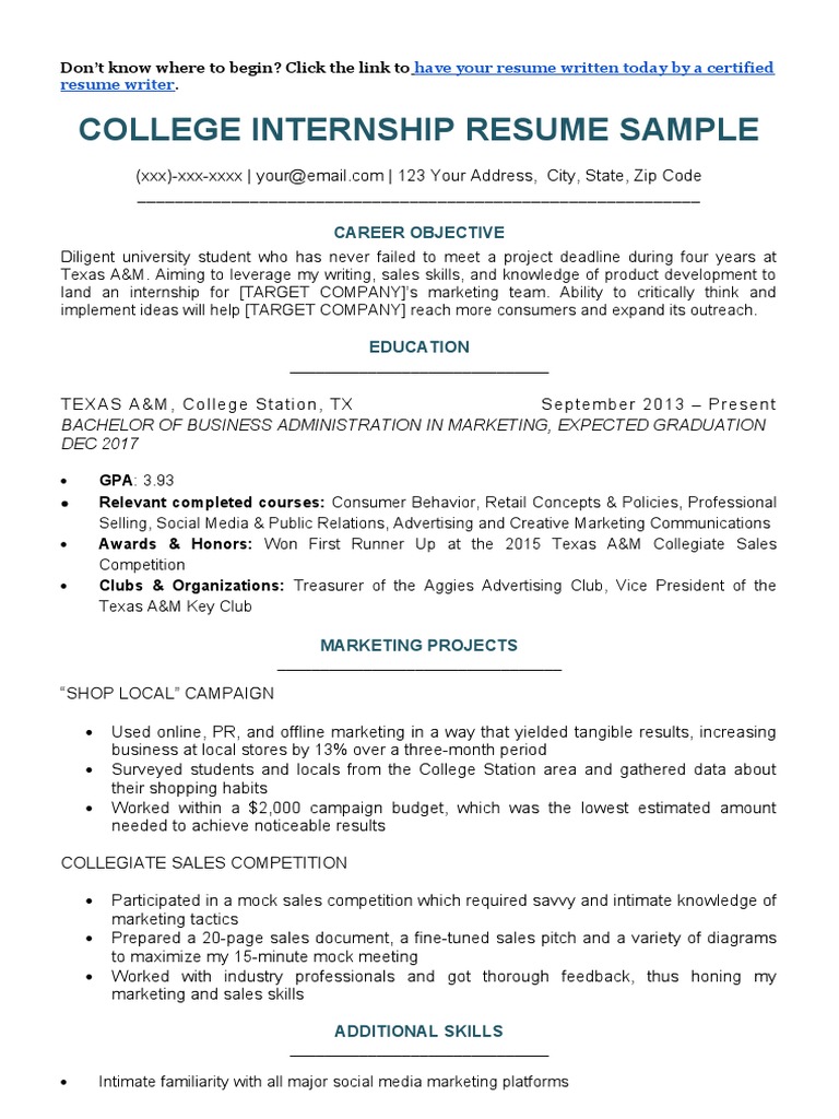 College Internship Resume Sample: Career Objective | Download Free PDF ...