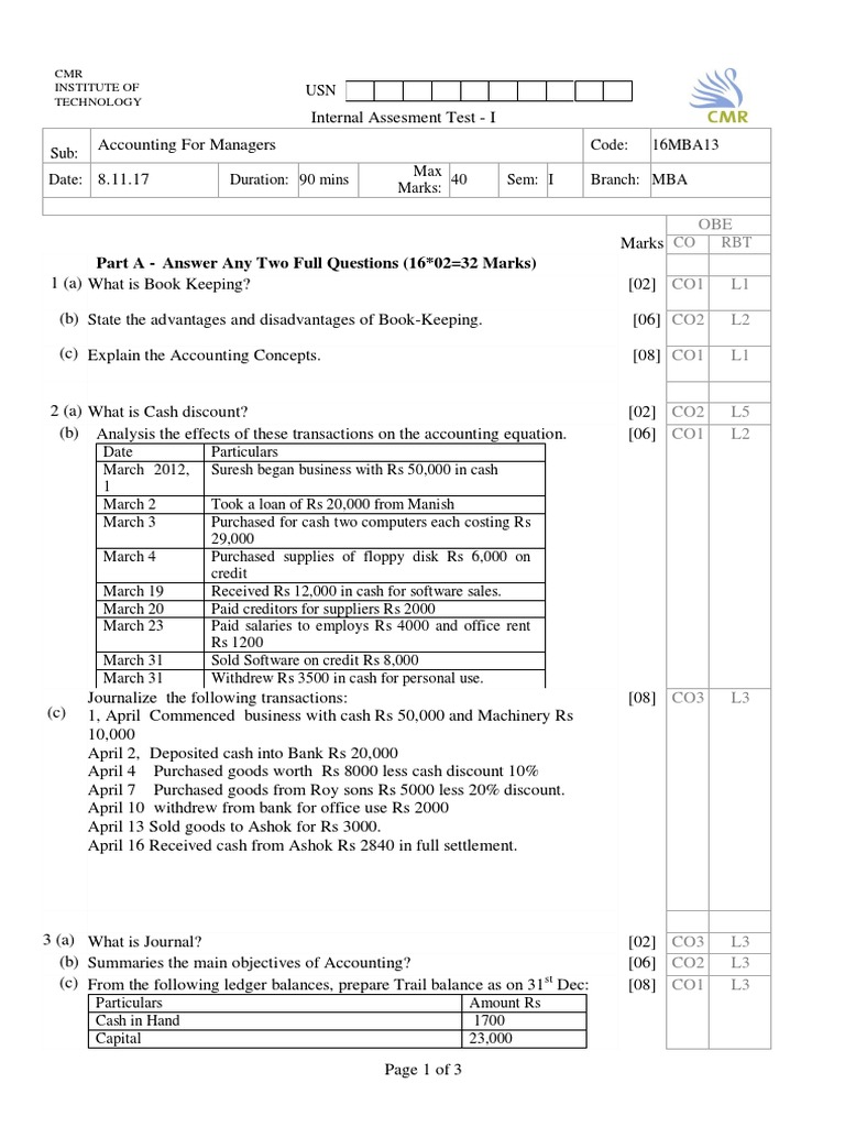 IAT 2017 Accounting Test Paper | PDF | Bookkeeping | Money