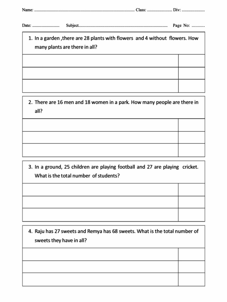 Maths Worksheet Class 2 Addition Word Problem | PDF