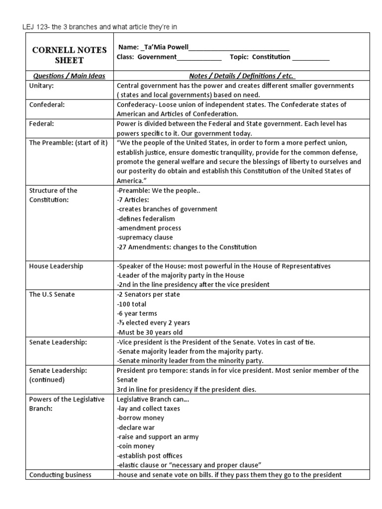 Cornell Notes Sheet: Questions / Main Ideas Notes / Details ...