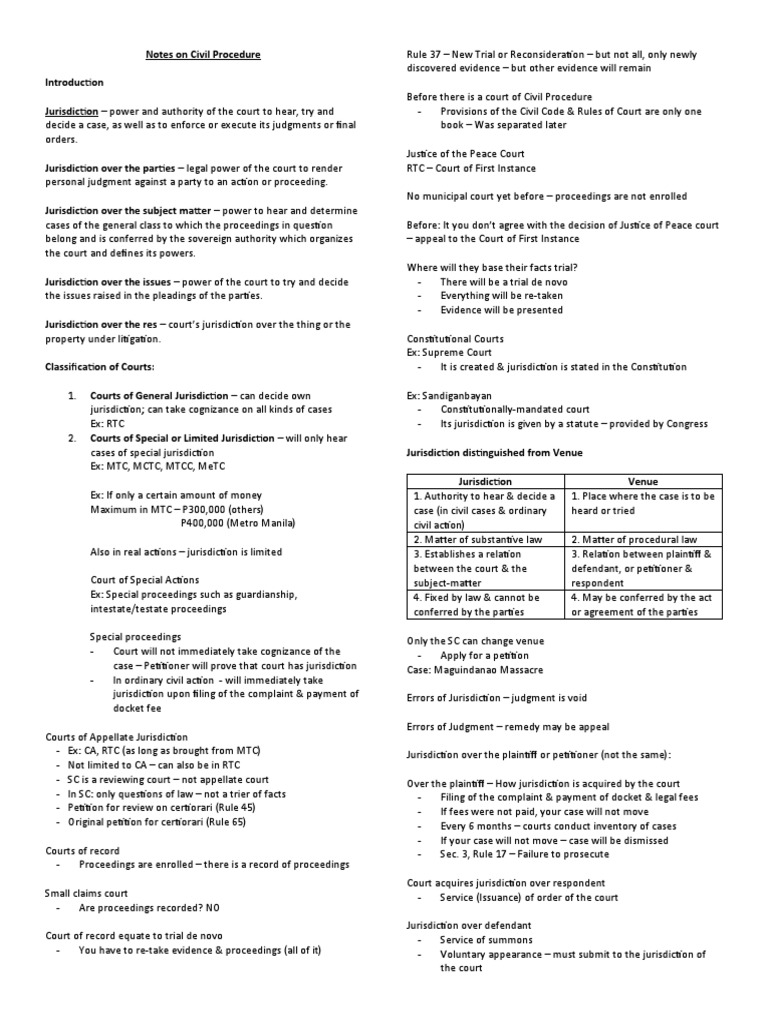 Civil Procedure Notes | PDF | Lawsuit | Jurisdiction