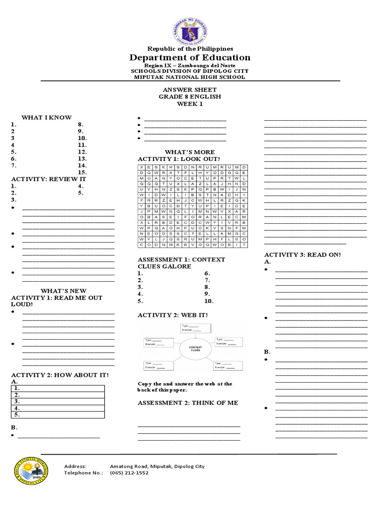 Answer Sheet Week 1 English 8 | PDF | Educational Psychology ...