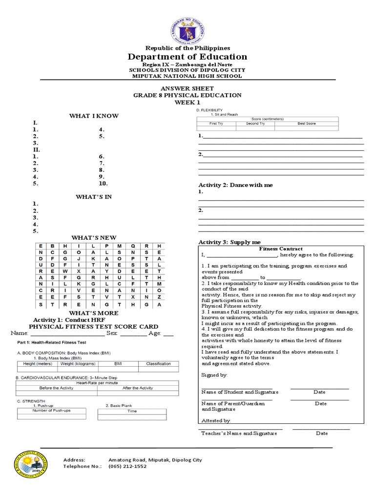 Answer Sheet Week 1 Pe 8 | PDF | Physical Education | Learning