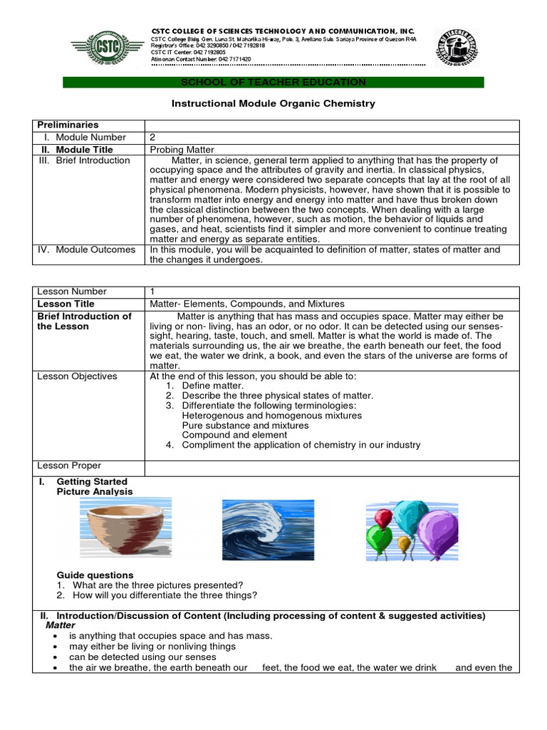 School of Teacher Education Instructional Module Organic Chemistry ...