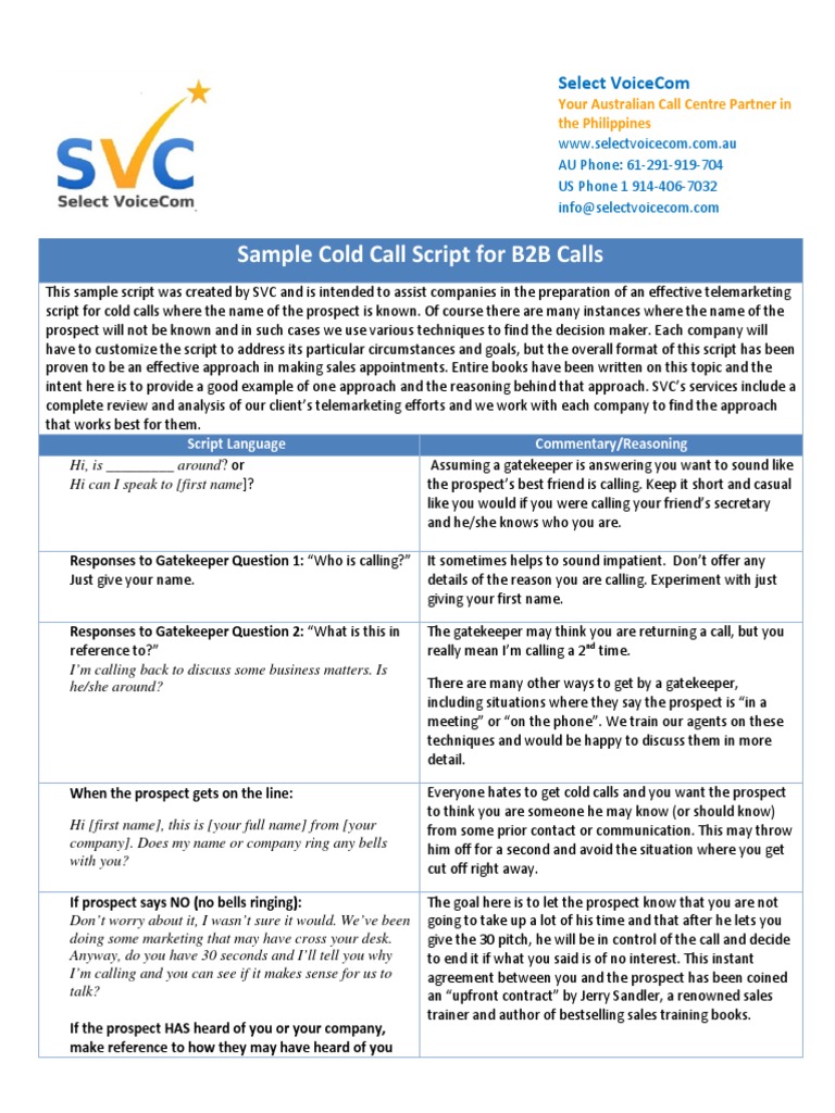 Sample Cold Call Script For B2B Calls PDF | PDF | Call Centre | Outsourcing